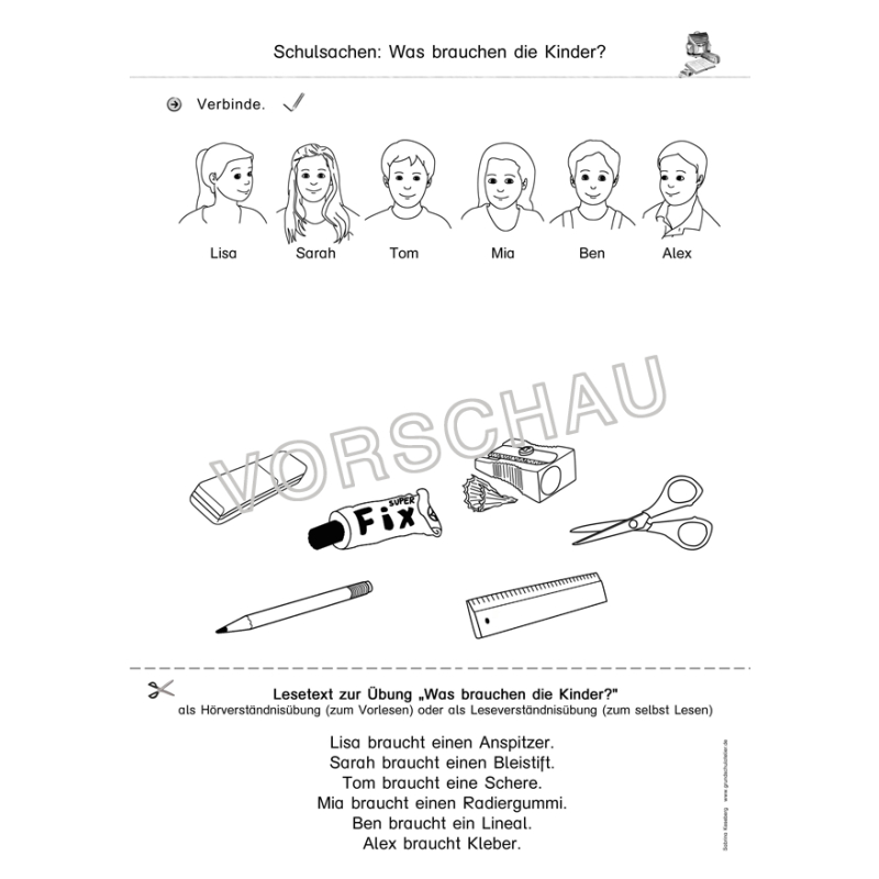 Unterrichtsmaterial für DaF/DaZ zum Thema "Schulsachen"
