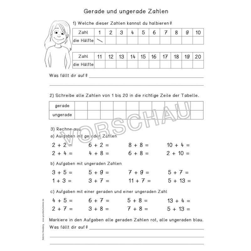 Gerade und ungerade Zahlen (Arbeitsblatt, Mathe, Klasse 1)