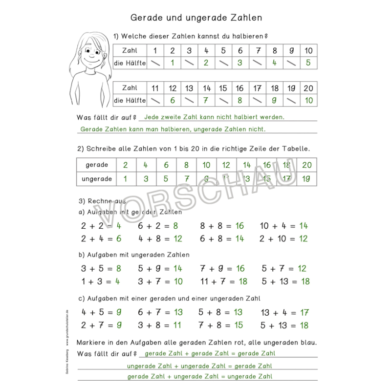 Gerade und ungerade Zahlen (Arbeitsblatt, Mathe, Klasse 1)